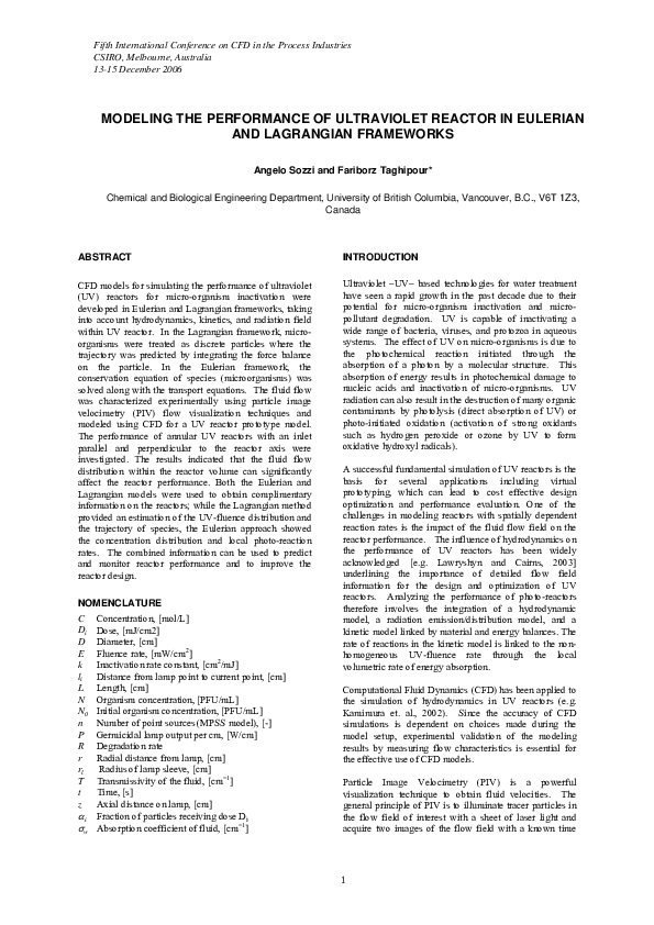 (PDF) MODELING THE PERFORMANCE OF ULTRAVIOLET REACTOR IN EULERIAN AND LAGRANGIAN FRAMEWORKS
