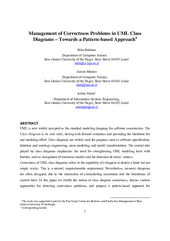 Pdf Management Of Correctness Problems In Uml Class Diagrams Towards A Pattern Based Approach