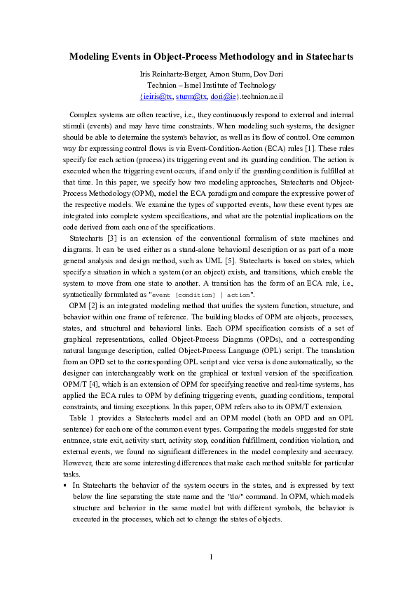 (PDF) Modeling Events in Object-Process Methodology and in Statecharts