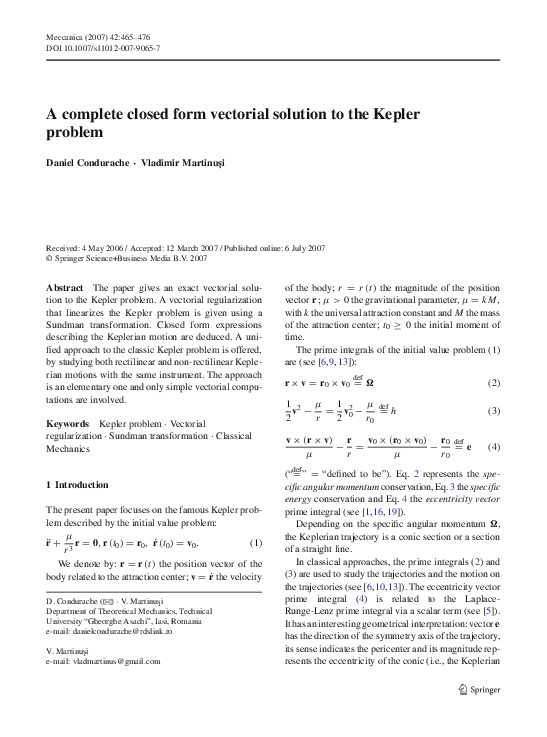 (PDF) A complete closed form vectorial solution to the Kepler problem