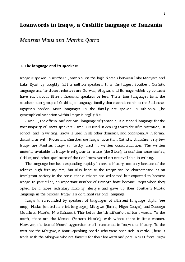 (PDF) Loanwords in Iraqw, a Cushitic language of Tanzania