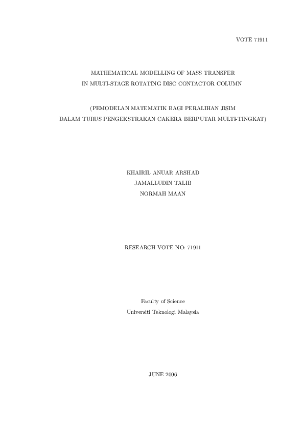 (PDF) MATHEMATICAL MODELLING OF MASS TRANSFER IN MULTISTAGE ROTATING ...