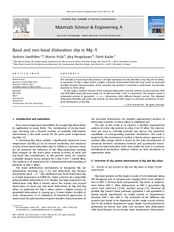 (PDF) Basal and non-basal dislocation slip in Mg–Y