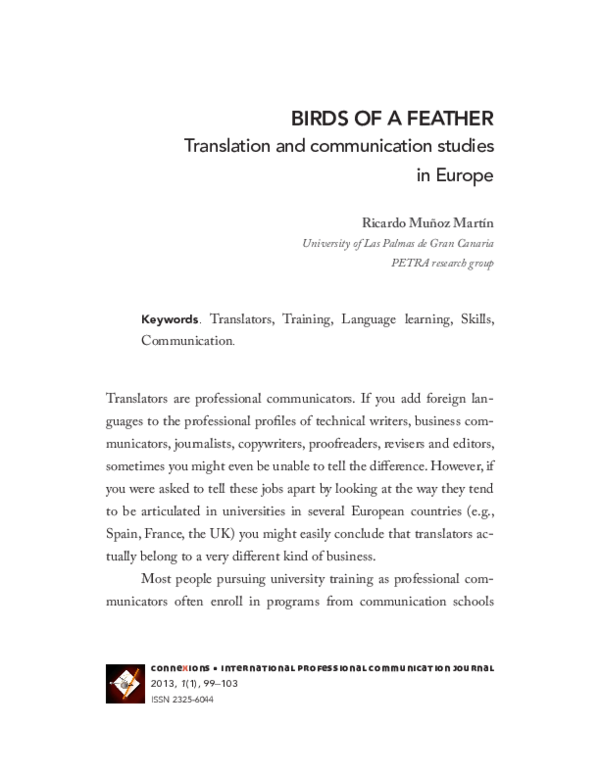 (PDF) Birds of a feather. Translation and communication studies in Europe