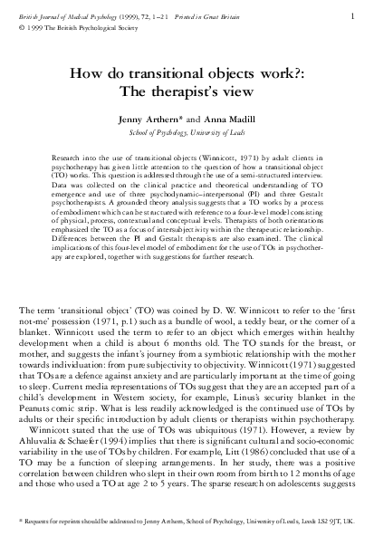 (PDF) Arthern, J., Madill, A. (1999) How do transitional objects work ...