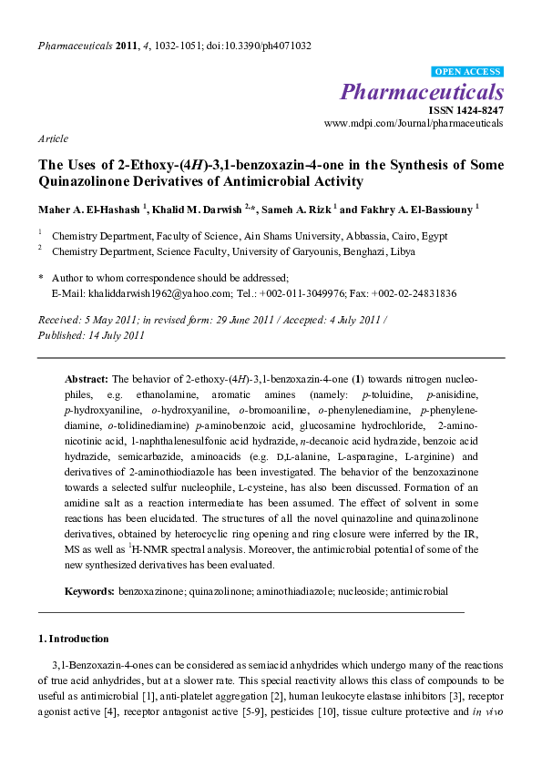 (PDF) The Uses of 2-Ethoxy-(4H)-3,1-benzoxazin-4-one in the Synthesis of Some Quinazolinone ...