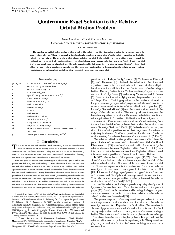 (PDF) Quaternionic Exact Solution to the Relative Orbital Motion Problem