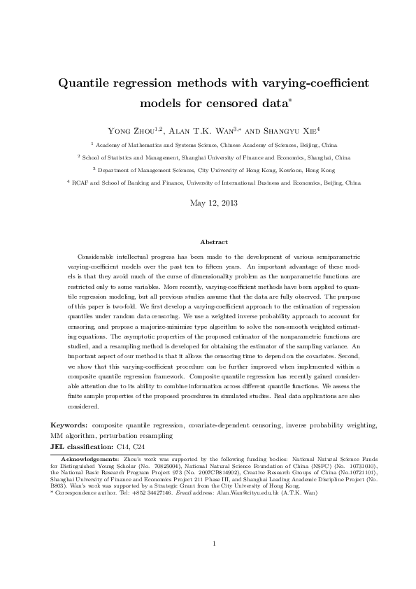 (PDF) Quantile regression methods with varying-coefficient models for censored data