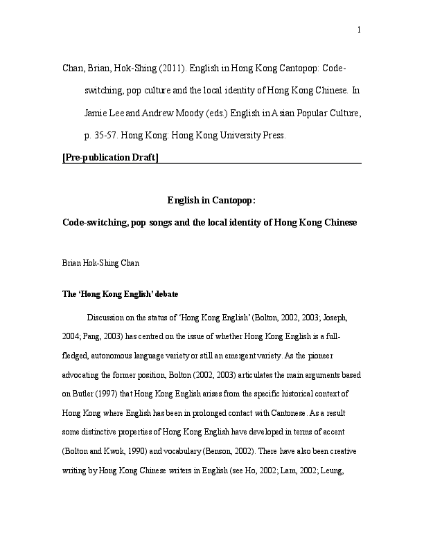 (DOC) English in Hong Kong Cantopop: Code-switching, pop culture and ...