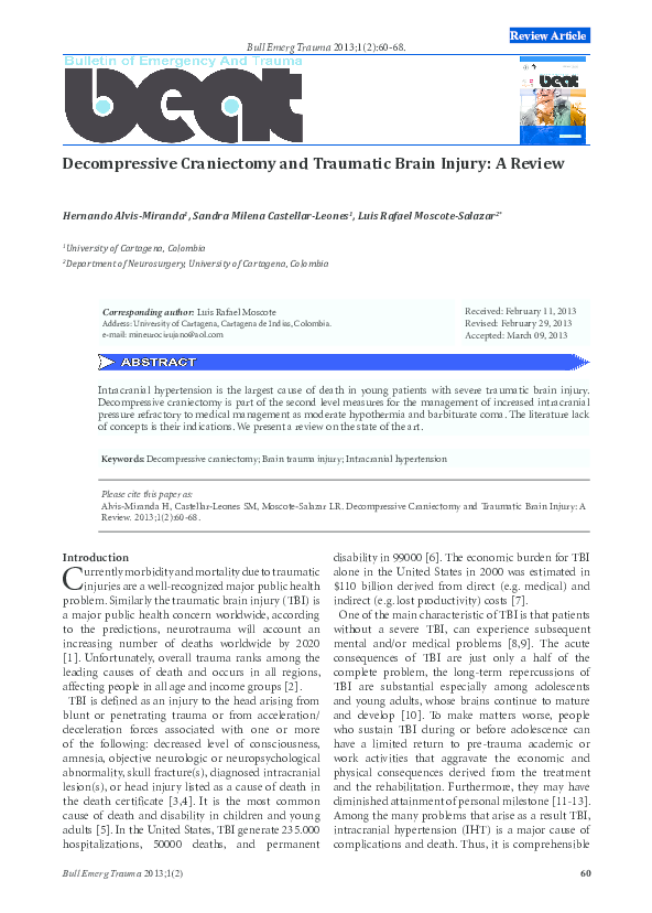 (PDF) Decompressive Craniectomy and Traumatic Brain Injury