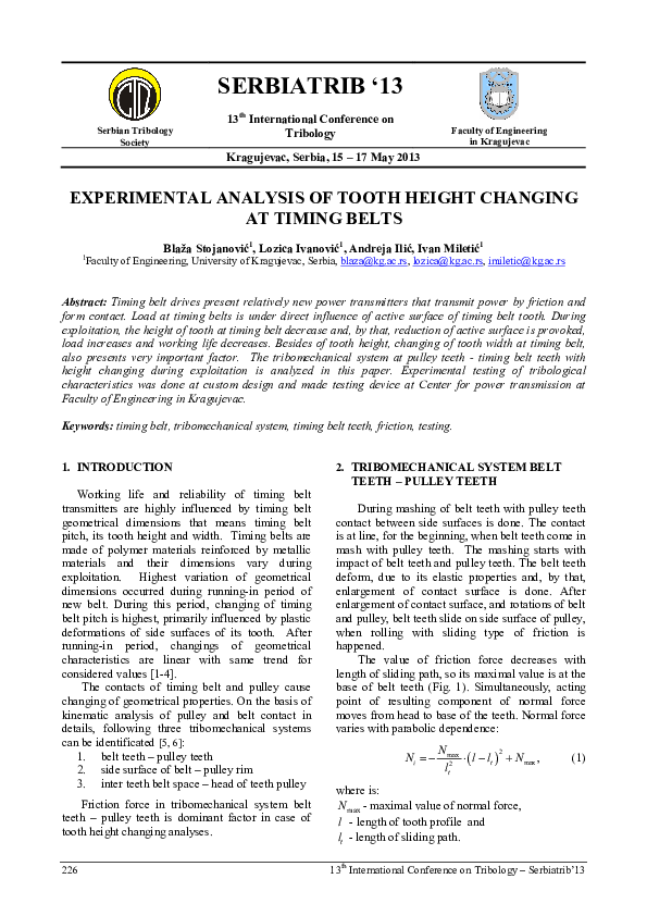 (PDF) EXPERIMENTAL ANALYSIS OF TOOTH HEIGHT CHANGING AT TIMING BELTS
