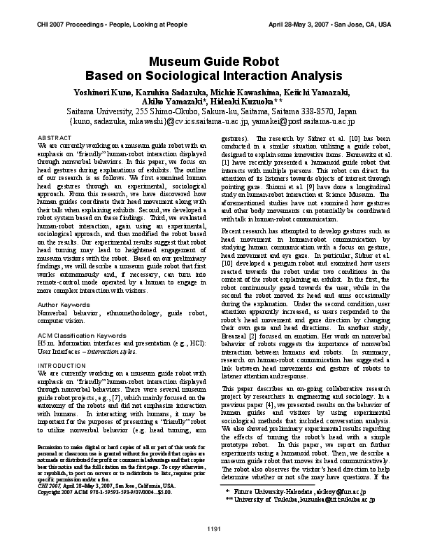 (PDF) Museum guide robot based on sociological interaction analysis