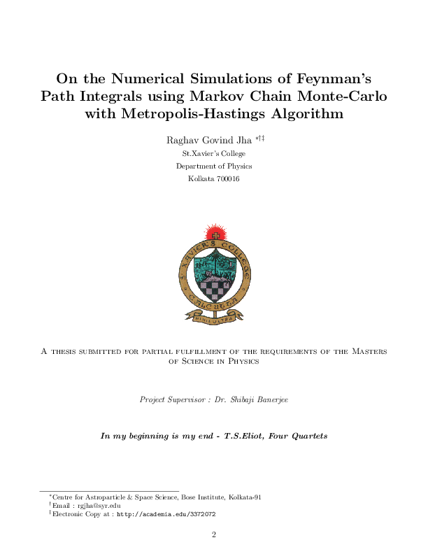 Pdf On The Numerical Simulations Of Feynmans Path Integrals Using Markov Chain Monte Carlo