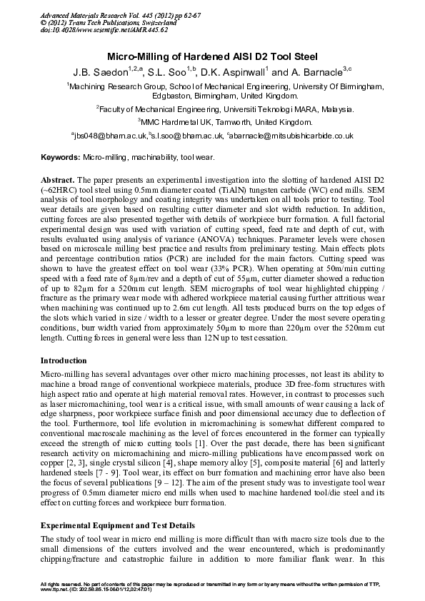Pdf Micromilling Of Hardened Aisi D2 Tool Steel