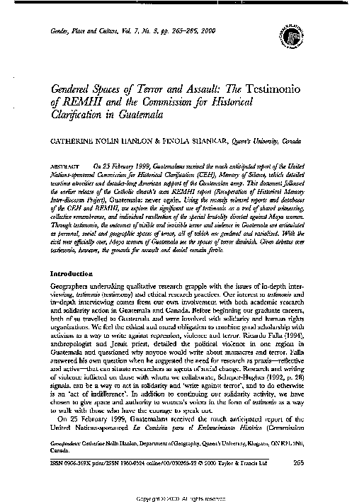 (PDF) Gendered spaces of terror and assault: The testimonio of REMHI ...