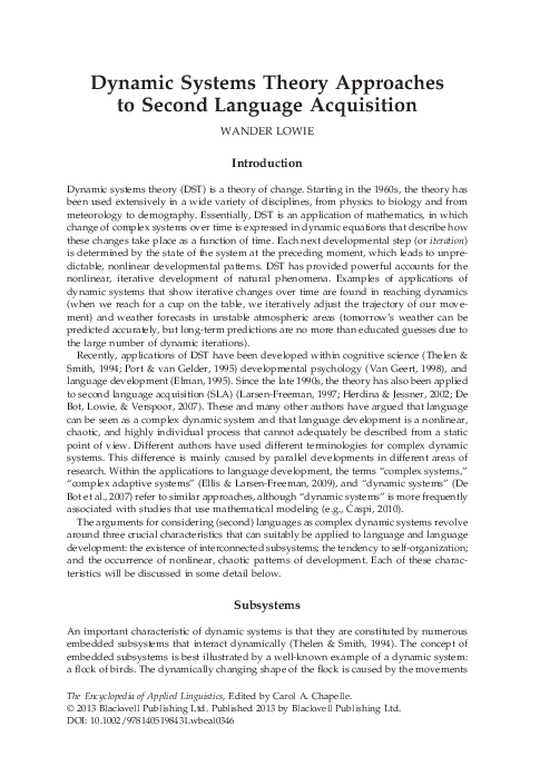 (PDF) Lowie, W. (2012). Dynamic Systems Theory Approaches to Second Language Acquisition. In ...