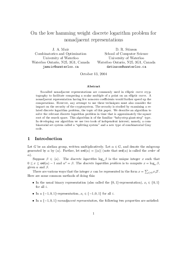 (PDF) On the low hamming weight discrete logarithm problem for nonadjacent representations