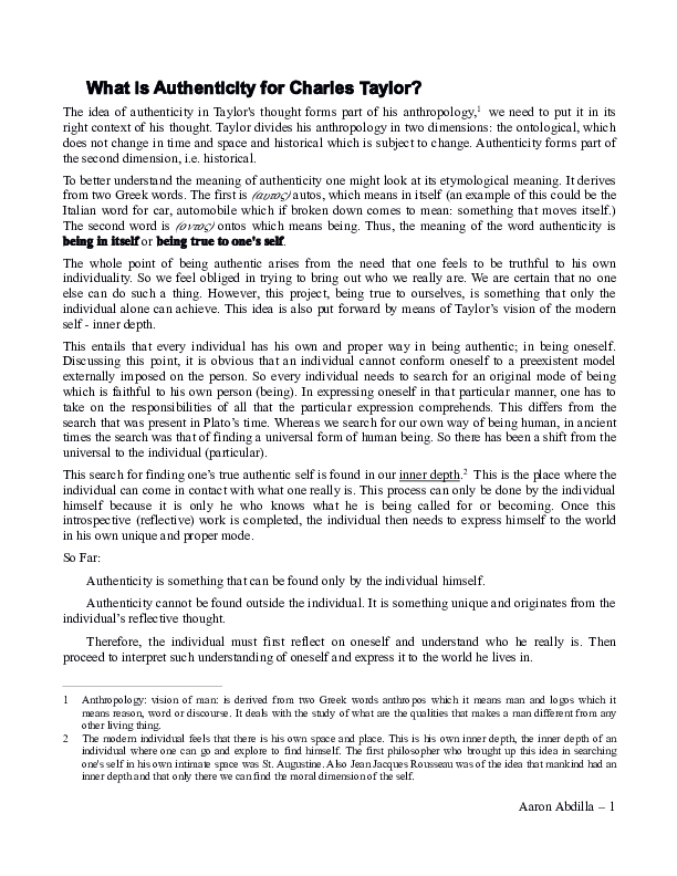 (PDF) Notes for the Book Ethics of Authenticity by Charles Taylor