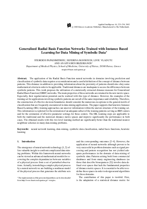 (PDF) Generalized Radial Basis Function Networks Trained with Instance Based Learning for Data ...