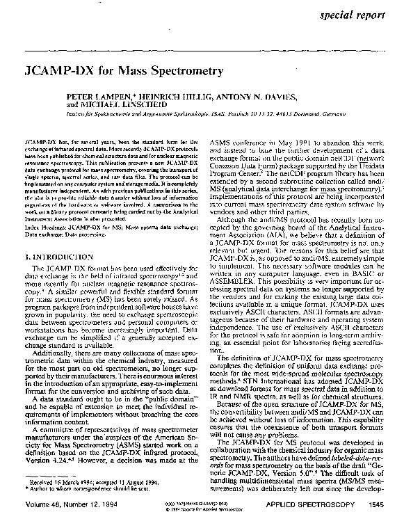 (PDF) JCAMP-DX for mass spectrometry
