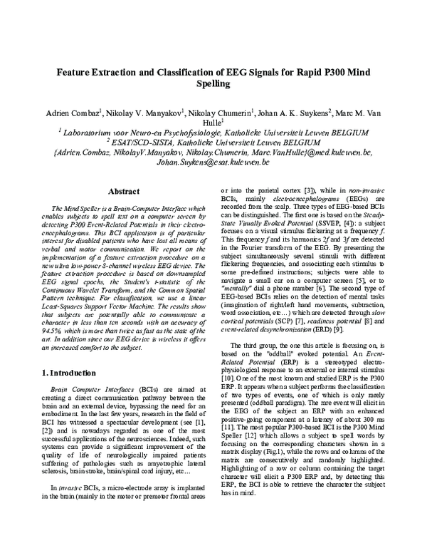 Pdf Feature Extraction And Classification Of Eeg Signals For Rapid P300 Mind Spelling