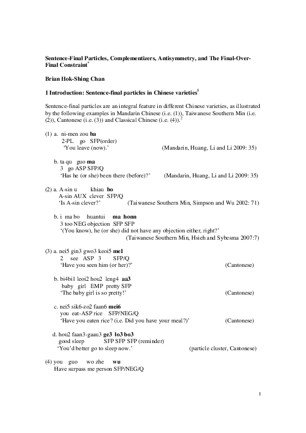 (PDF) Sentence-final particles, Complementizers, Antisymmetry, and The ...