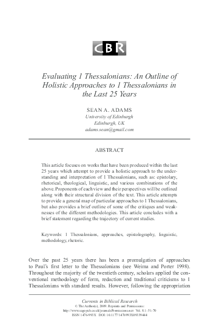 (PDF) "Evaluating 1 Thessalonians: An Outline of Holistic Approaches to ...
