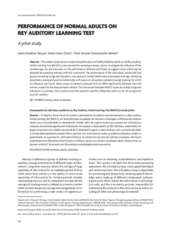 (PDF) Performance of normal adults on Rey Auditory Learning Test: a ...