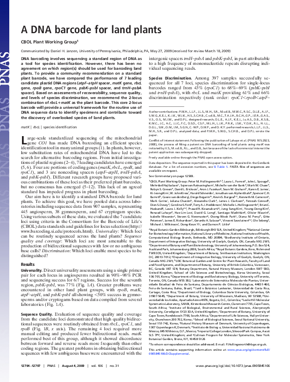 (PDF) From the Cover: A DNA barcode for land plants