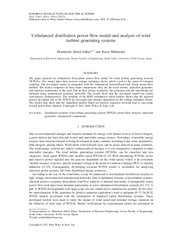 (PDF) Unbalanced Distribution Power-Flow Model and Analysis of Wind Turbine Generating Systems