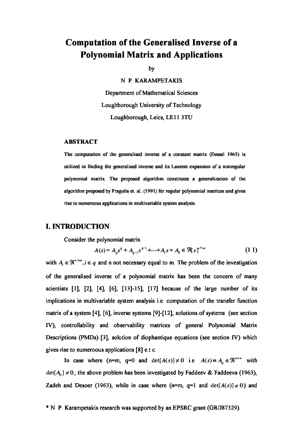 (PDF) N.P., 1997, Computation of the generalised inverse of a polynomial matrix and applications ...