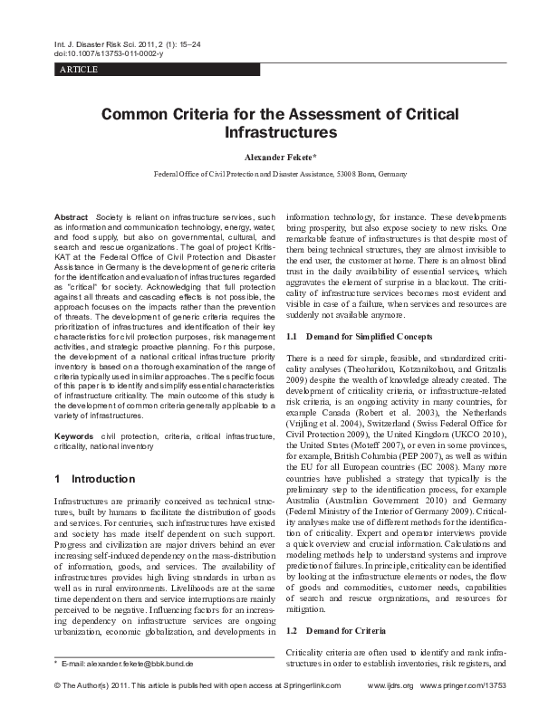 (PDF) Common criteria for the assessment of critical infrastructures