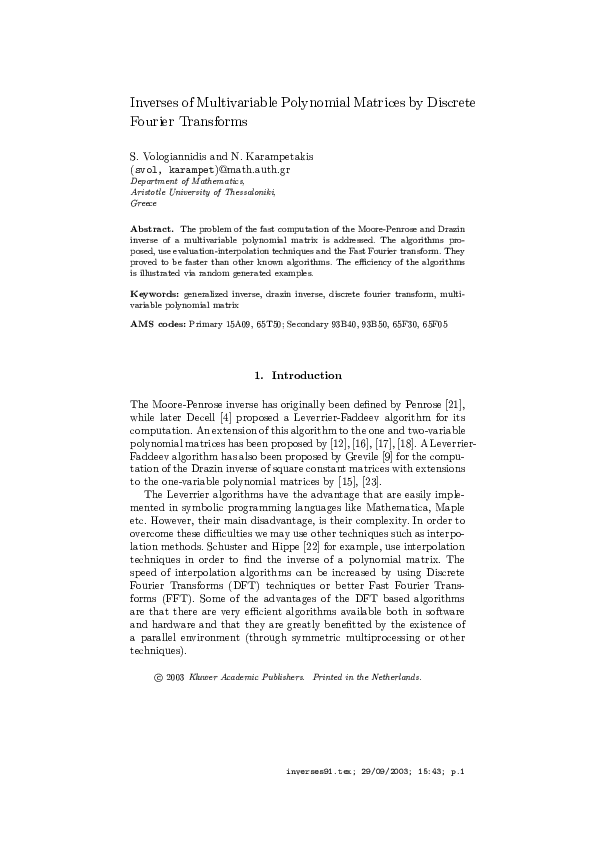 (PDF) S. Vologiannidis and N. P. , 2003, Inverses of multivariable polynomial matrices by ...