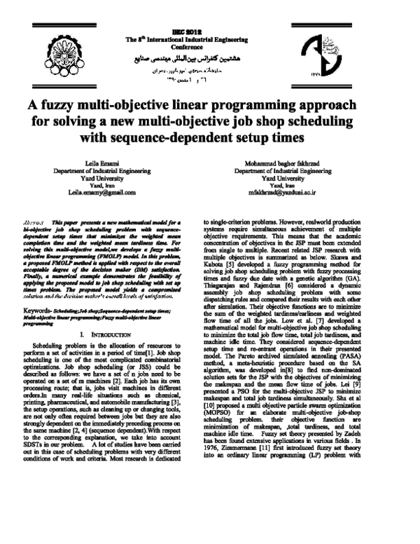 Pdf A Fuzzy Multi Objective Linear Programming Approach For Solving A New Multi Objective Job