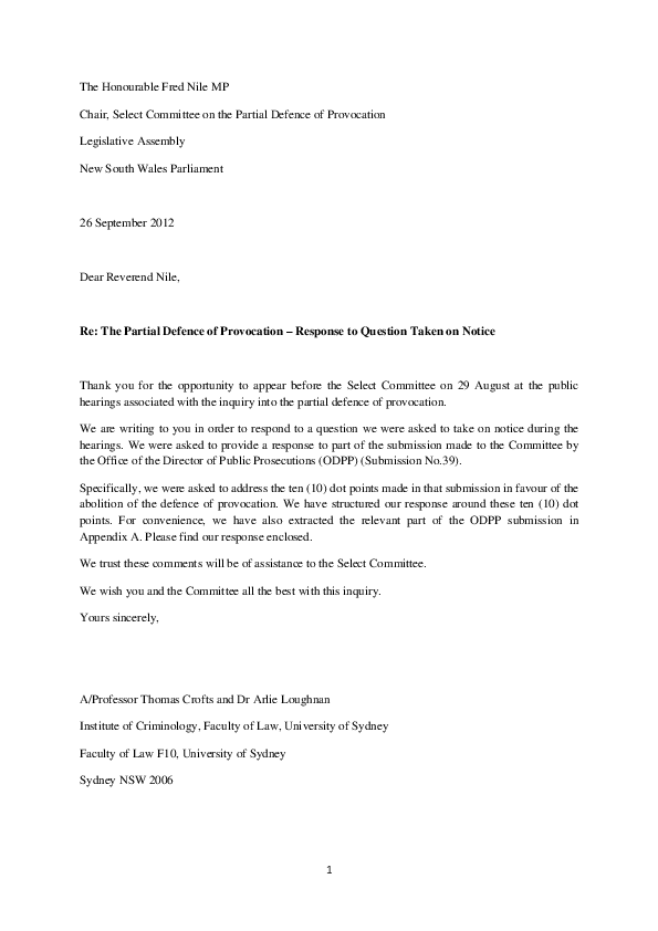 (PDF) The Partial Defence of Provocation – Response to Question Taken ...