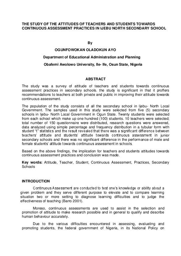 (DOC) THE STUDY OF THE ATTITUDES OF TEACHERS AND STUDENTS TOWARDS CONTINUOUS ASSESSMENT ...