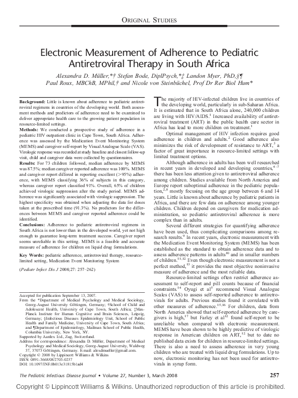 (PDF) Electronic measurement of paediatric adherence in South Africa