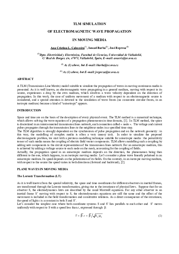 (PDF) TLM SIMULATION OF ELECTROMAGNETIC WAVE PROPAGATION IN MOVING MEDIA