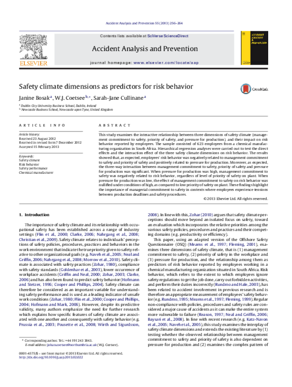 (PDF) Safety climate dimensions as predictors for risk behavior