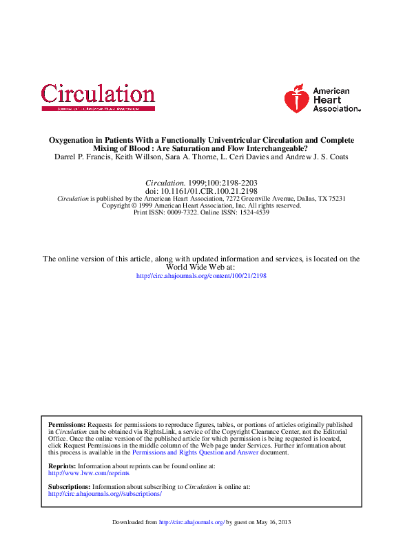 (PDF) Oxygenation in Patients With a Functionally Univentricular ...