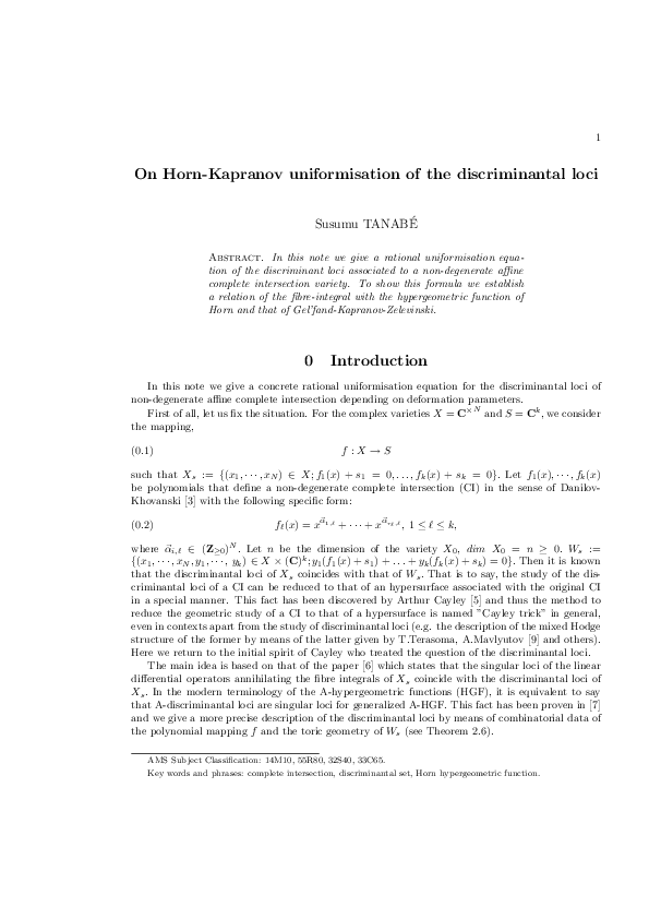 (PDF) On Horn-Kapranov uniformisation of the discriminantal loci