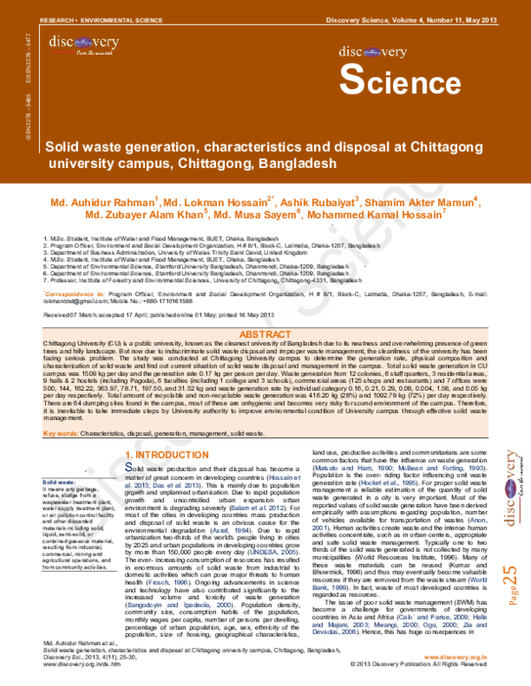 (PDF) Solid waste generation, characteristics and disposal at ...