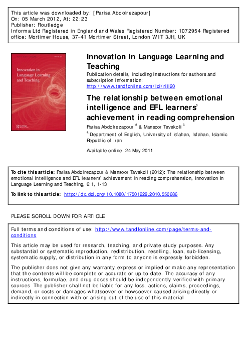 (PDF) The relationship between emotional intelligence and EFL learners' achievement in reading ...