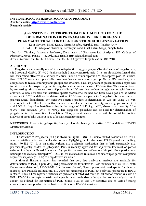 Pdf A Sensitive Spectrophotometric Method For The Determination Of Pregabalin In Pure Drug And