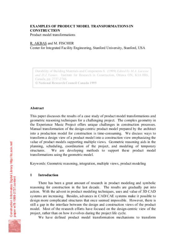 (PDF) EXAMPLES OF PRODUCT MODEL TRANSFORMATIONS IN CONSTRUCTION Product ...