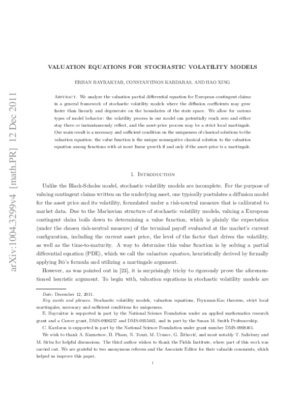(PDF) VALUATION EQUATIONS FOR STOCHASTIC VOLATILITY MODELS