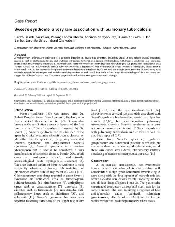 (PDF) Sweet’s syndrome: a very rare association with pulmonary tuberculosis