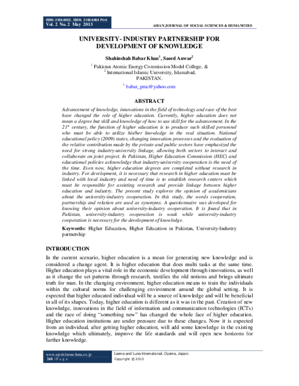 (PDF) UNIVERSITY- INDUSTRY PARTNERSHIP FOR DEVELOPMENT OF KNOWLEDGE