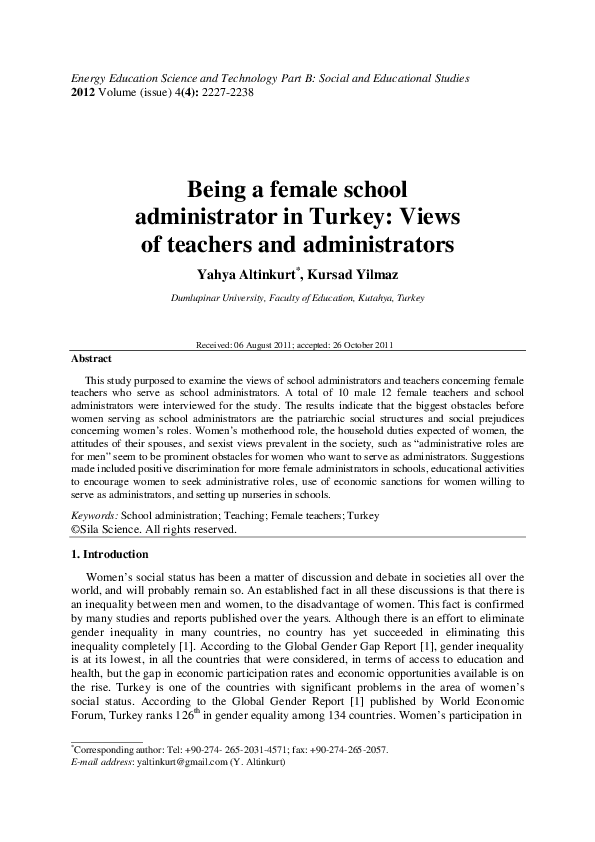 (PDF) Being a female school administrator in Turkey: Views of teachers ...