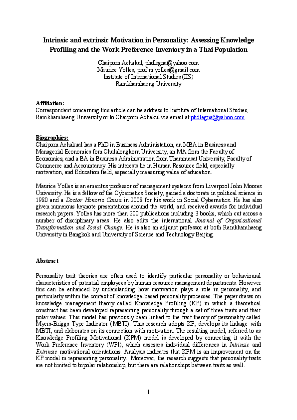 (DOC) Intrinsic and extrinsic Motivation in Personality: Assessing ...